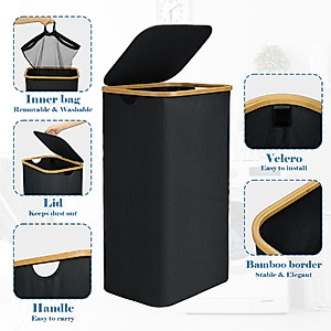 Bellzacasa Laundry Hamper with Lid, 110L Large Hampers for Laundry with Bamboo Handles and Removable Laundry Bag, Foldable Laundry Baskets with Lid for Bedroom Bathroom Tall Laundry Bin (Black)