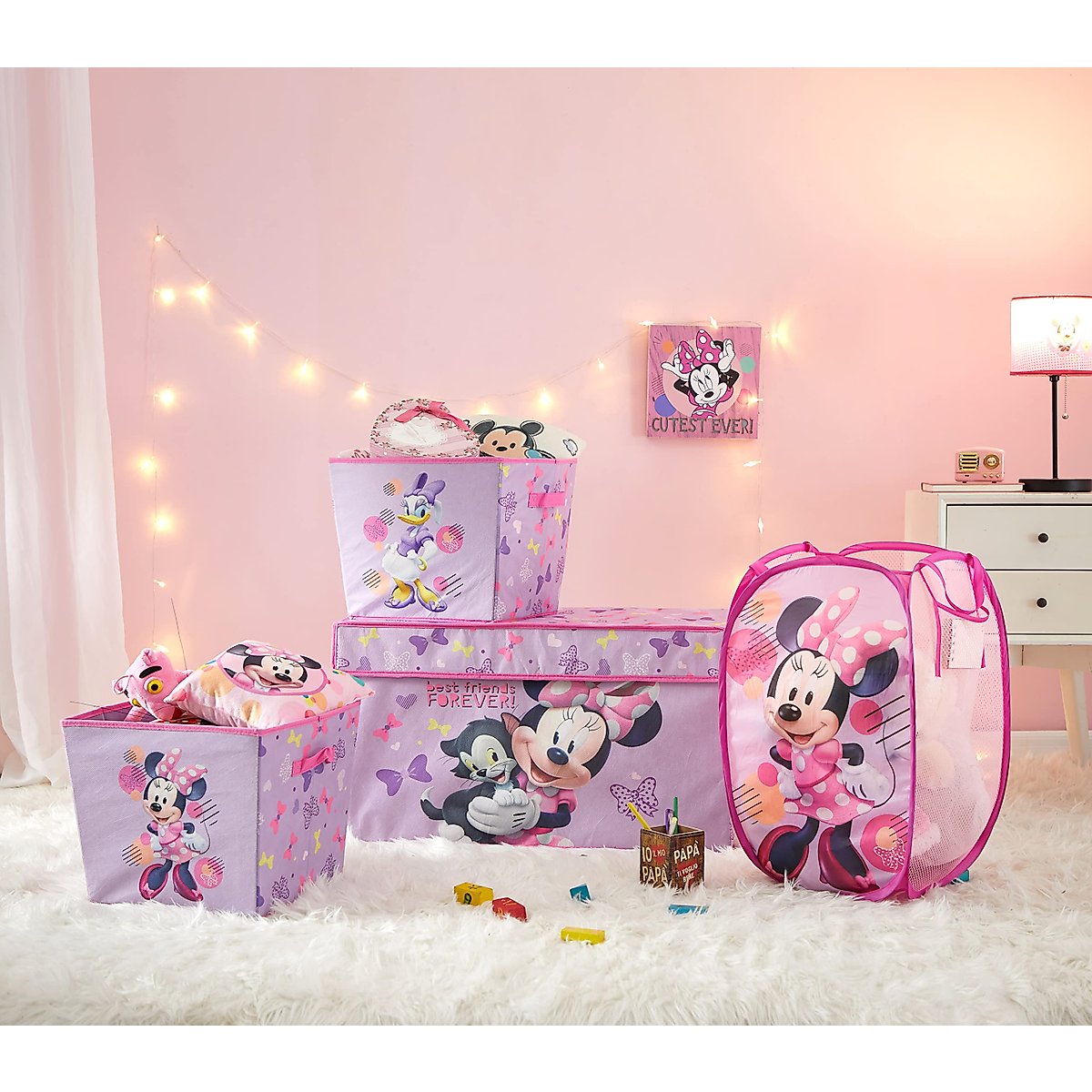 Disney Minnie Mouse 4 Piece Storage Solution Set with Pop Up Hamper, Collapsible Storage Trunk and 2 Nestable Storage Bins