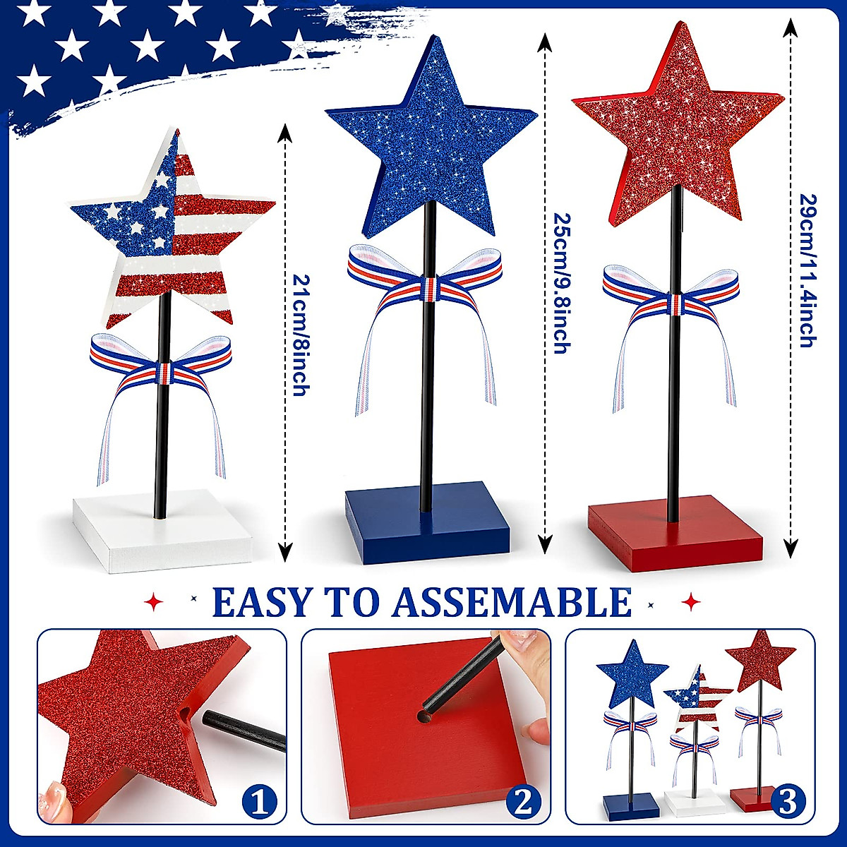 3 Pieces Labor Day Decorations Wood Star Set,Rustic Veterans Day Decorations,Red White and Blue Decorations for Home Tables, Patriotic Tiered Tray Decor(Star)