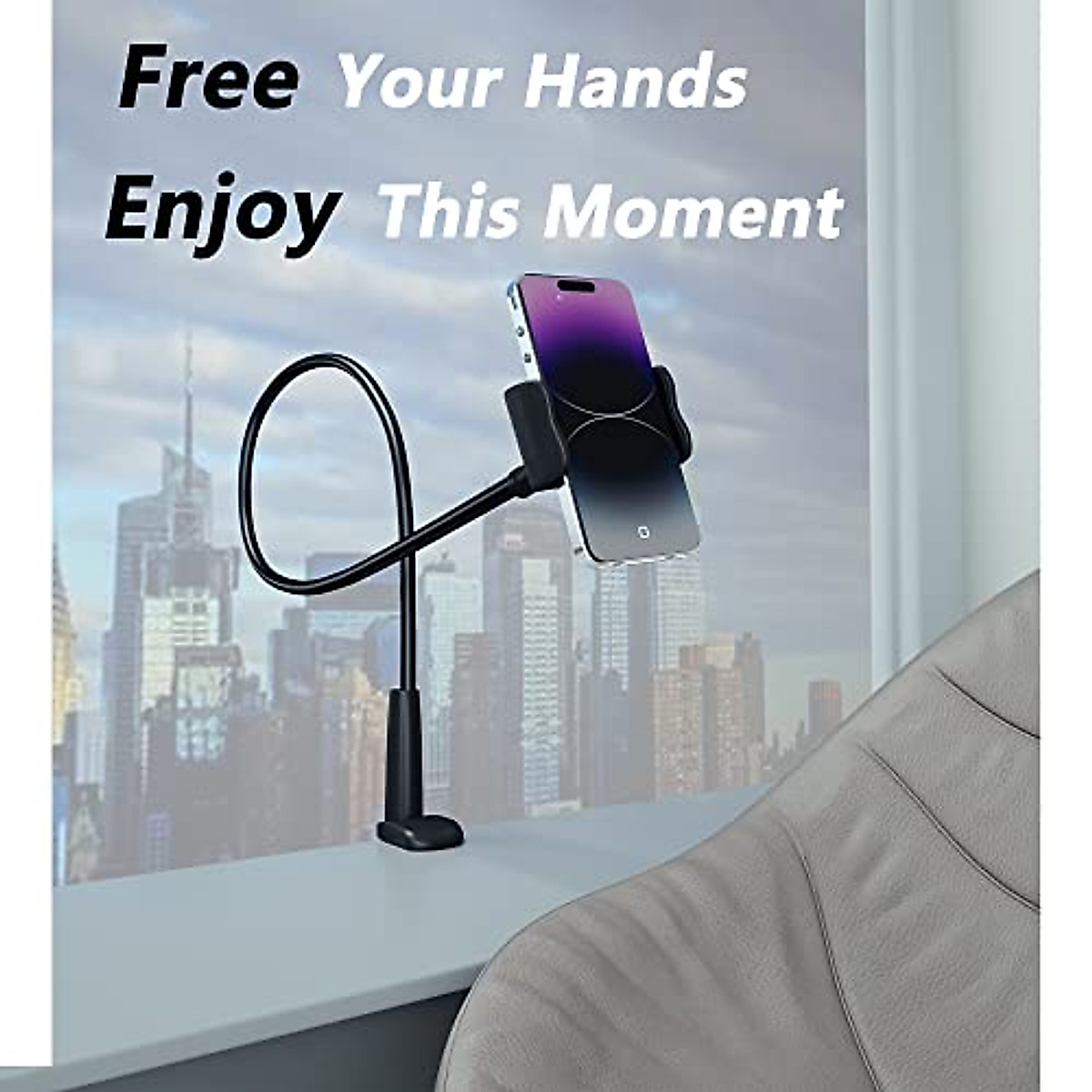 Cell Phone Clip on Stand Holder - with Grip Flexible Long Arm Gooseneck Bracket Mount Clamp for iPhone X/8/7/6/6s/5 Samsung S8/S7, used for bed, desktop, Black