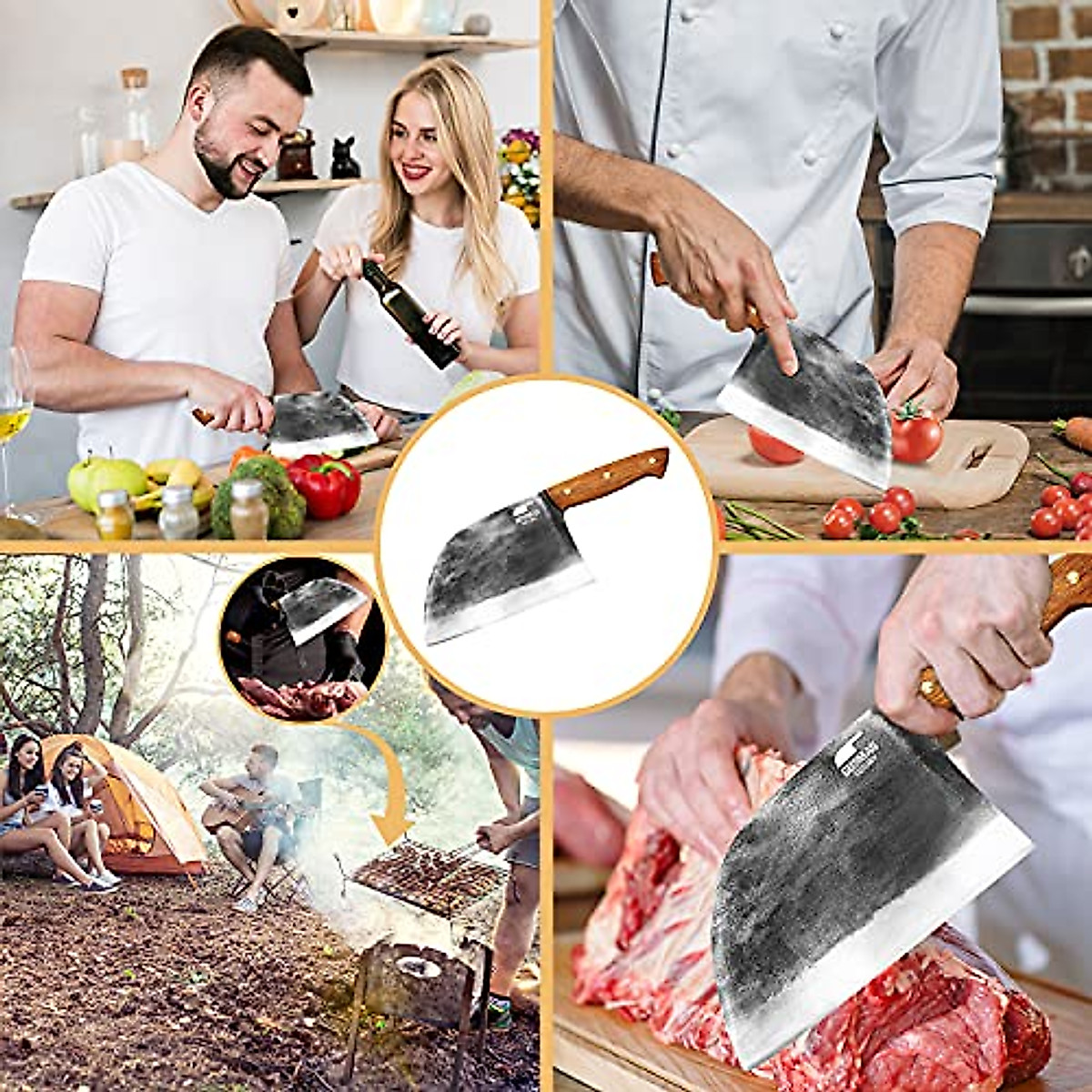 GUSMAN CUTLERY Serbian Chef Knife - Heavy Duty Butcher Knives Set Professional Carbon Steel Cleaver Knife w/ Sheath Rustic Full Tang Big Camp Bone Chopper for Men BBQ Cutting Kitchen Cooking Chopping