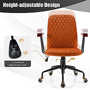 COSTWAY Orange Velvet Office Chair, Upholstered Home Leisure Chair with Rubber Wood Armrests & 5-Claw Metal Base, Vintage Mid-Back Computer Desk Chair for Adult, Home, Office, Study