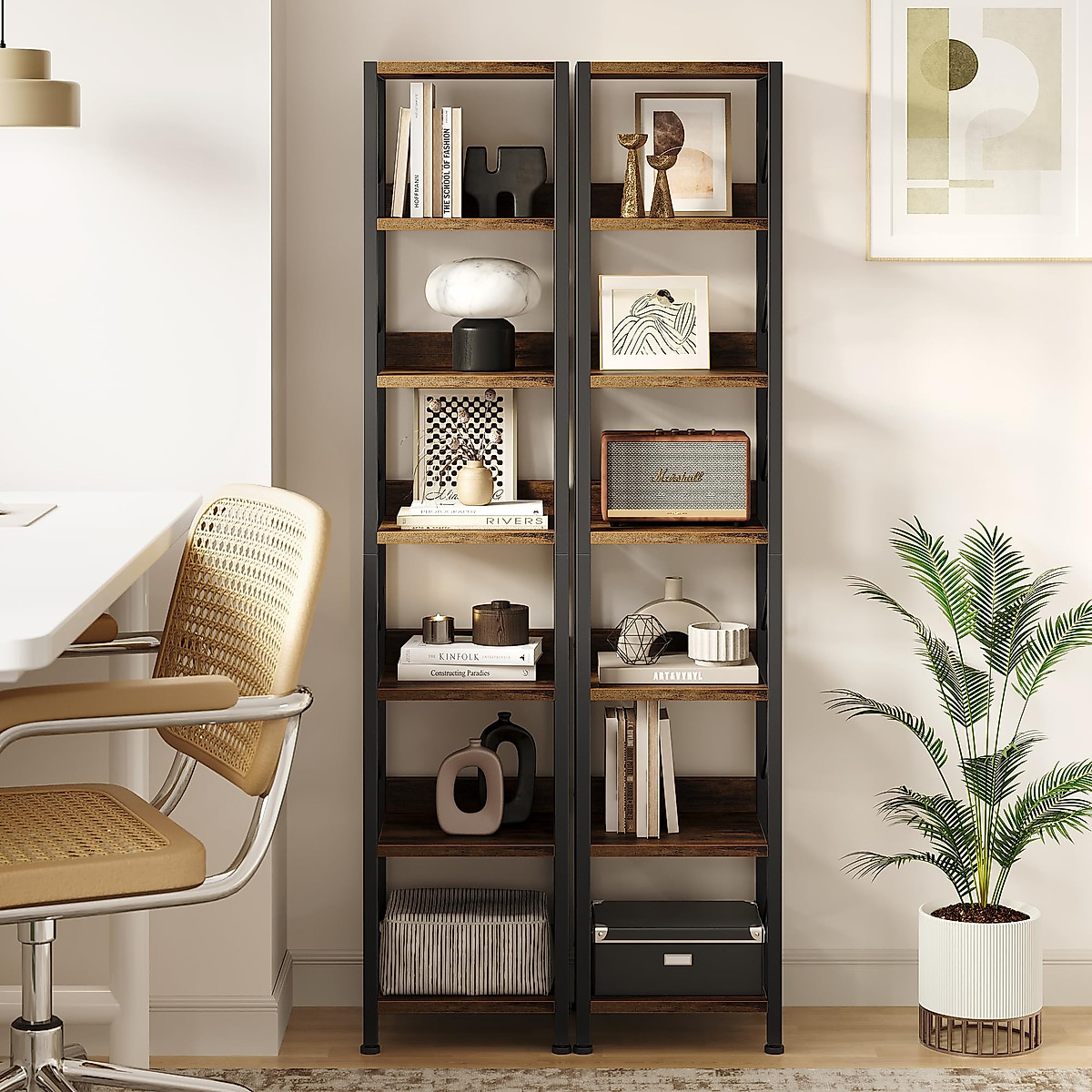 IDEALHOUSE Bookshelf Narrow Bookcase Tall Skinny Storage Rack Shelf 6 Tier Standing Bookshelves Metal Frame Rustic Display Racks Industrial Book Shelf for Bedroom, Living Room, Home Office