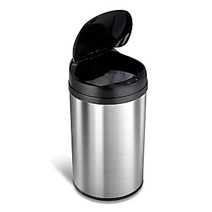 NINESTARS DZT-40-8 Automatic Touchless Infrared Motion Sensor Trash Can, 11 Gal 40L, Stainless Steel Base (Round, Black Lid)