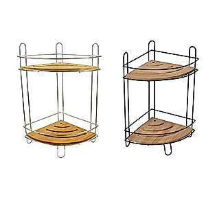 EVIDECO Free Standing Corner Shower Caddy, 2 Shelves, 8 L x8 W x 14.8 H, Chrome/Bamboo