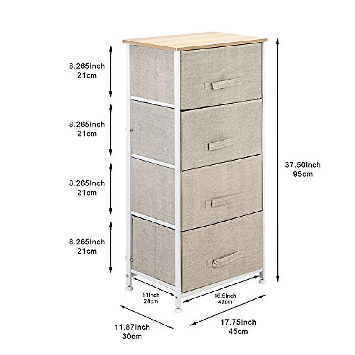 Byouth 4-Tier Dresser Tower, Fabric Drawer Organizer with 4 Easy Pull Drawers with Metal Frame,Wooden Tabletop for Living Room, Closet (Linen)