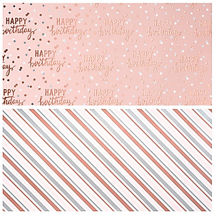 LeZakaa Reversible Birthday Wrapping Paper Roll - Happy Birthday Lettering & Stripe Design with Metallic Foil in Pink - 17 inches x 32.8 Feet (46.45 sq.ft.)