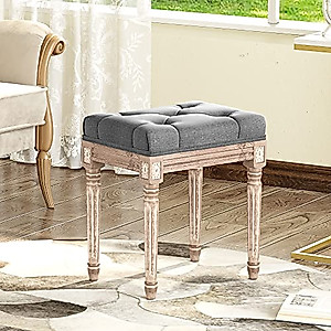 Yusong Vanity Stool Upholstered Bench Seat for Makeup Room, Vintage Small Bedroom Dining Bench with Tufted Fabric for Living Room, Piano Stool with Rustic Wood