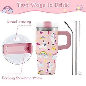 14 oz Unicorn Tumbler with Handle and Straw for Kids, Insulated Stainless Steel Travel Mug for Toddlers, Vacuum Leak Proof Tumbler with Lid, Christmas Birthday Gifts for Girls Unicorn Mug