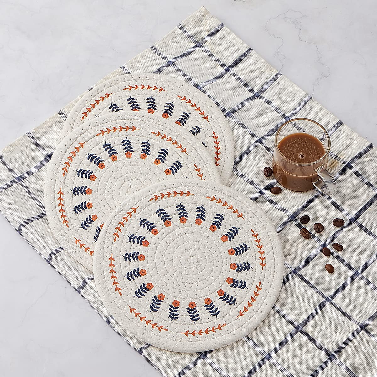 Lifaith Kitchen Pot Holders Set Trivets 3pcs Set,100% Pure Cotton Thread Weave Hot Pot Holders, Stylish Coasters, Hot Pads, Hot Mats, Spoon Rest for Cooking and Baking by Diameter 7 Inche, Flower