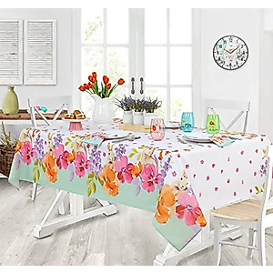 Newbridge Bunny Flower Fields Easter and Spring Fabric Double Bordered Tablecloth - Cute Bunny Rabbit and Vivid Pastel Floral Easy Care, Stain Resistant Fabric Tablecloth, 60” x 84” Oval