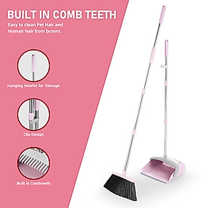 Broom and Dustpan Set, Outdoor Broom Dustpan Combo Set Home Commercial Cleaning Supplies Angle Broom with Long Handle Perfect for Courtyard Garage Street Pink