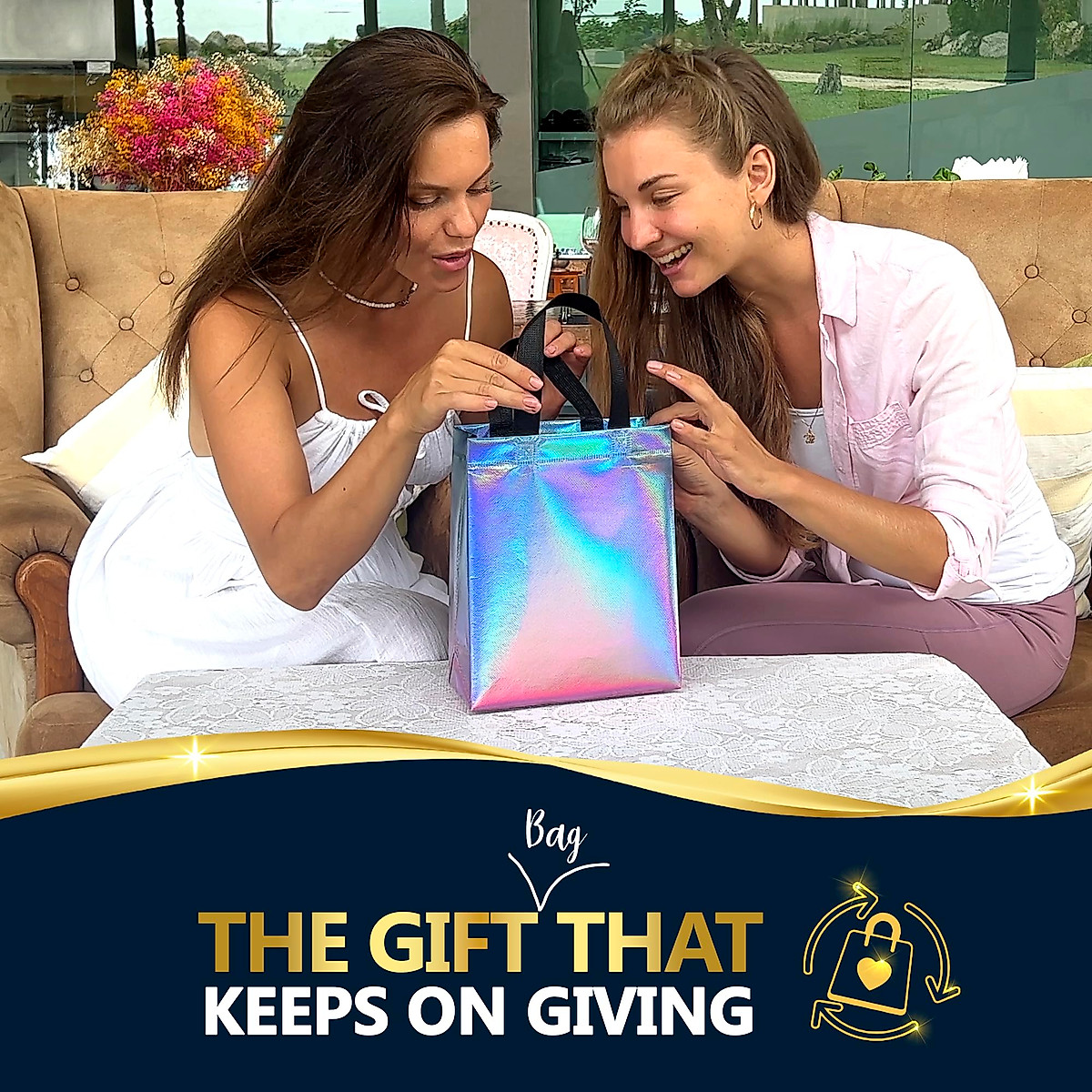 Nush Nush Gradient Gift Bags Medium Size – Set of 12 Aqua to Pink Reusable Gift Bags With Holographic Finish - Perfect As Goodie Bags, Birthday Gift Bags, Party Favor Bags - 8x4x10