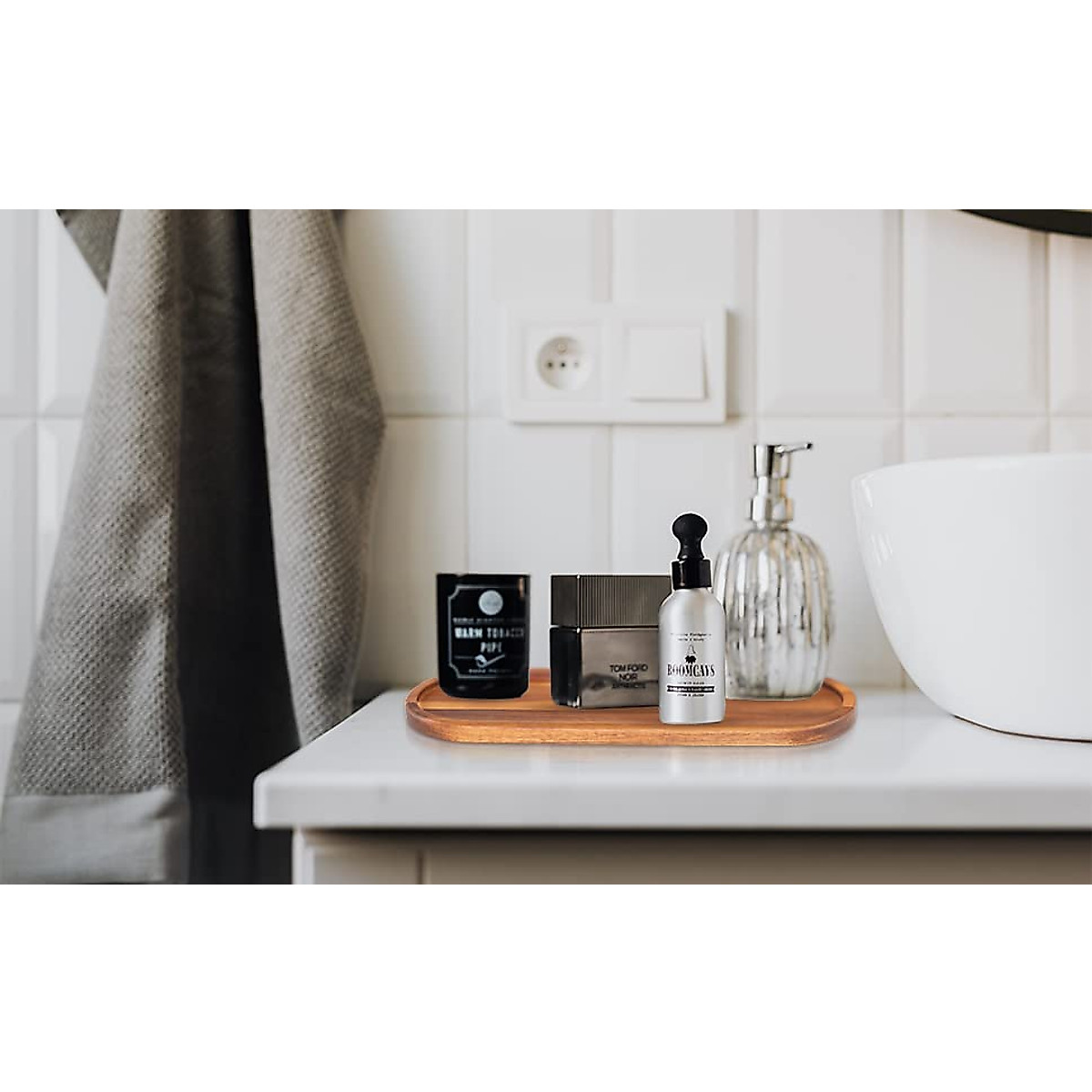 Wooden Vanity Bathroom Trays, Farmhouse Wood Perfume Tray Home Rustic Decor Plate, Kitchen Counter Top Storage, Rectangular Sink Organizer Tray for Soap Bottle Accessories