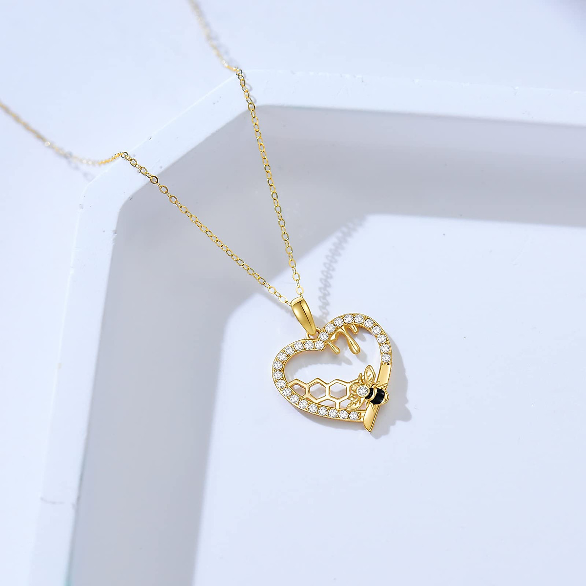 KECHO Gold Bee Necklace Gifts for Mom Women 14k Yellow Gold Honeycomb Honey Bee Pendant Necklaces Love Heart Jewelry Gifts for Women Her Wife