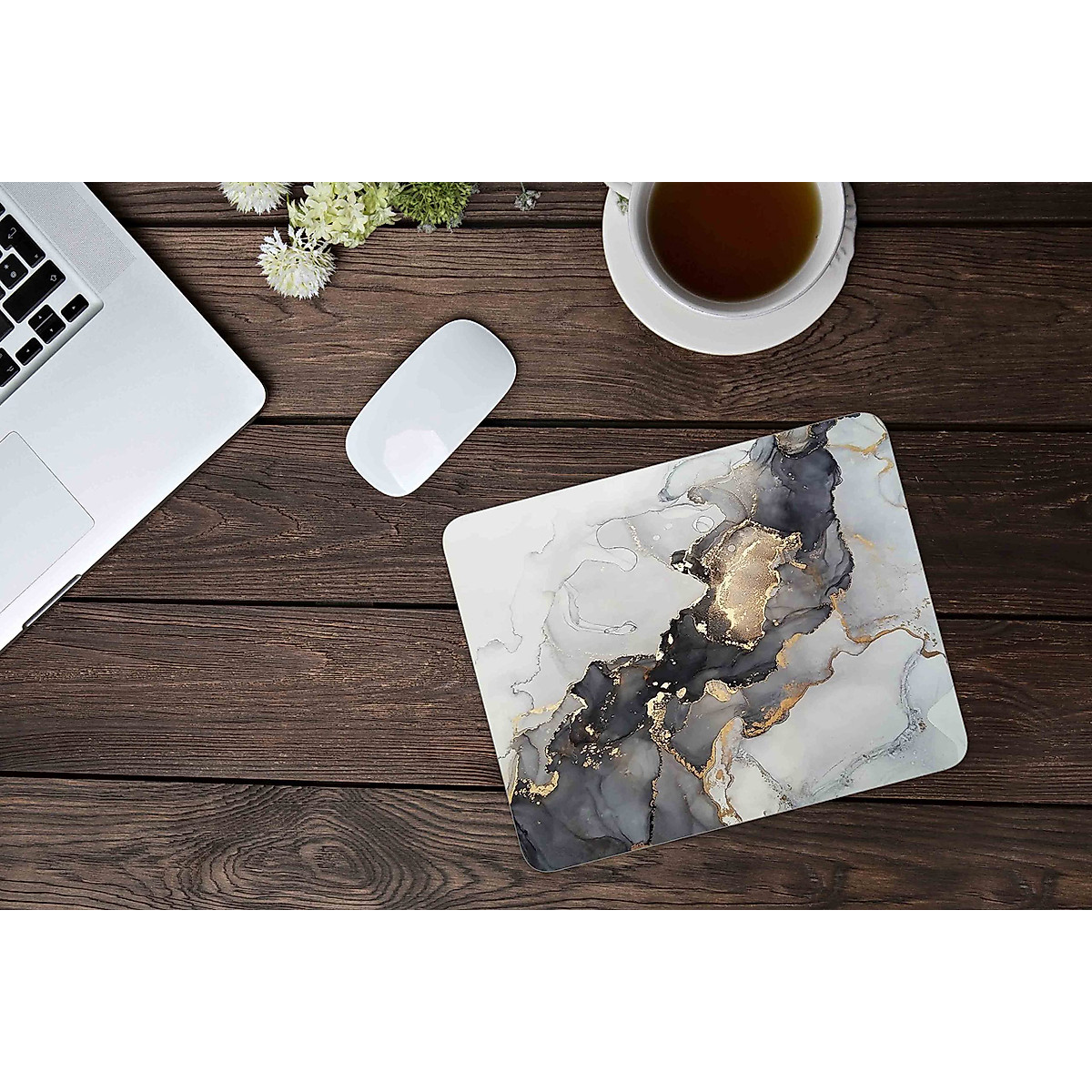 Grey Black Gold Marble Mouse Pad, Gaming Mouse Mat with Custom Design, Square Waterproof Mouse Pad Non-Slip Rubber Base MousePads for Office Home Laptop Travel, 9.5"x7.9"x0.12" Inch