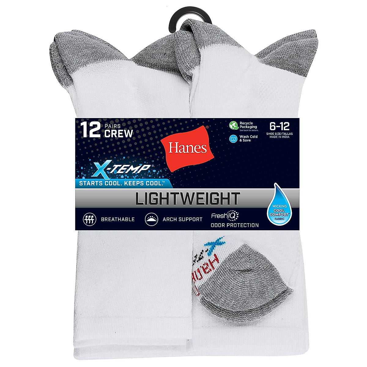 Hanes mens X-temp Lightweight Crew Socks, 12-pair Pack Casual Sock, White, 6 12 US
