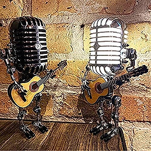 Vintage Microphone Robot Desk Lamp, Retro Style Microphone Robot Desk Lamp Holding Guitare, Vintage Light Home Decor Nightstand Desk Lamp for Bedroom, Bar, Restaurant (Black)
