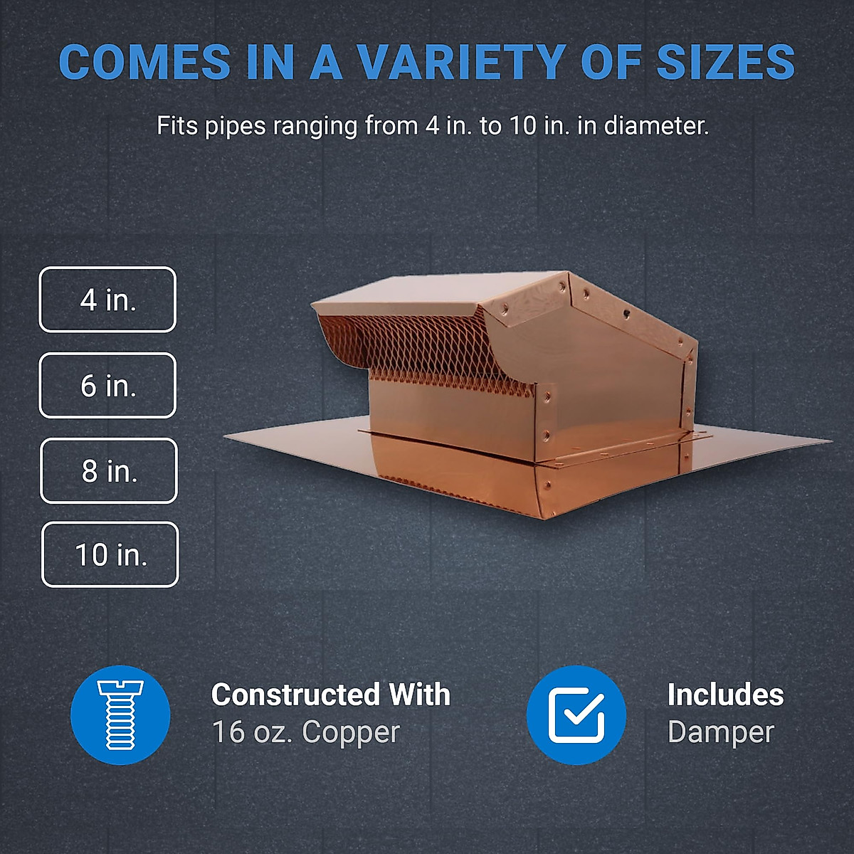 Generic Copper Rooftop Exhaust Vent Cap with Damper (8 Inch)