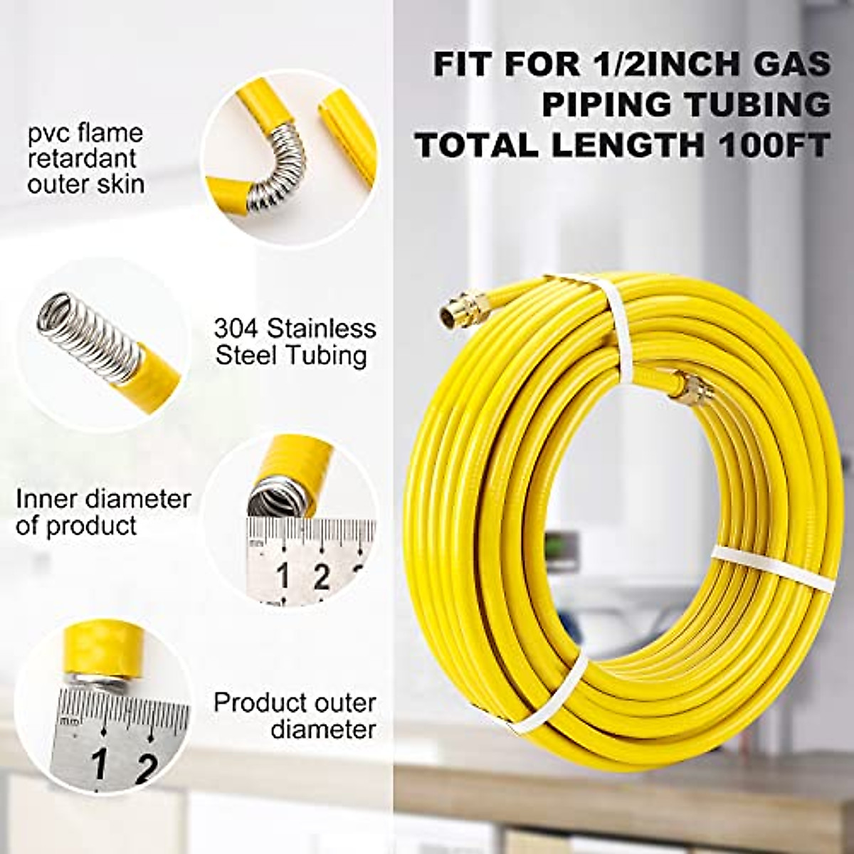 100FT 1/2" CSST Gas Line 1/2in Natural Flexible Gas Line with 2 Male Adapter Fittings, CSST Corrugated Stainless Steel Gas Tubing Pipe Kit for Stove Dryer Heater Gas Propane (100FT)