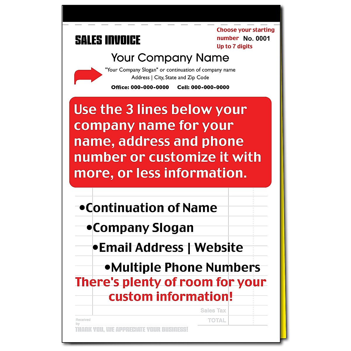 Custom Sales Invoice Personalized Duplicate Carbonless Form with Your Company Name - 2 Books (100 Sets) Numbered
