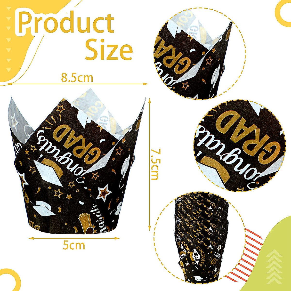 Nuenen 200 Pcs Graduation Tulip Cupcake Liners 2024 Congrats Grad Paper Baking Cups Greaseproof Muffin Liners Holders Graduation Cap Cup Cake Paper Cup Tulip Cupcake Wrappers for Party(Black, Gold)