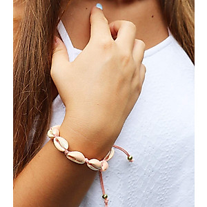 Rosemarie Collections Women's Mermaid Chic Stunning Natural Cowrie Seashell Puka Bracelet (7 Shell Coral Pink Slide Style, 5"-9")