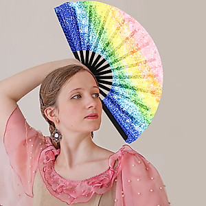 Hand Fans for Women Foldable,Large Folding Hand Rave Fan,Folding Hand Fan,Folding fan,Hand Fans,Pride Fan,Bamboo and Nylon-Cloth Folding Hand Fan,Folding Fan Dance Fan for Women Men (Glitter Rainbow)