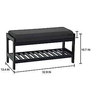 STRUGGLE Shoe Bench for Entryway, Solid Wood Shoe Rack with Cushion Padded Seat, Storage Shoe Shelf Holds up to 300lbs for Indoor, Entrance, Hallway, Bedroom, Living Room, Black