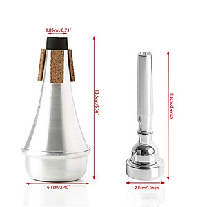 Kuylive 3 Pack Trumpet Mouthpiece (3C 5C 7C) with Lightweight Aluminum Practice Trumpet Mute Silencer Fit for Yamaha Bach Conn King Replacement Musical Instruments Accessories, Silver