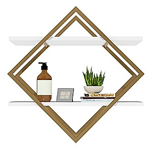 Diamond Shape Metal Frame Wall Mount Rustic Shelf. Mid Century Modern 2 Tier Wall Shelf, Decoration and Frame Holder Wall Shelf (White/Gold)