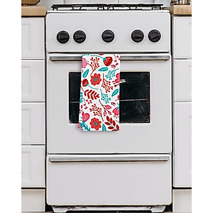 QIYUHOY Hand Drawn Floral Pattern in Red Tones Kitchen Towels or Tea Towels, 16 X 24 Inches Cotton Modern Dish Towels Dishcloths, Dish Cloth Flour Sack Hand Towel for Farmhouse Kitchen Decor