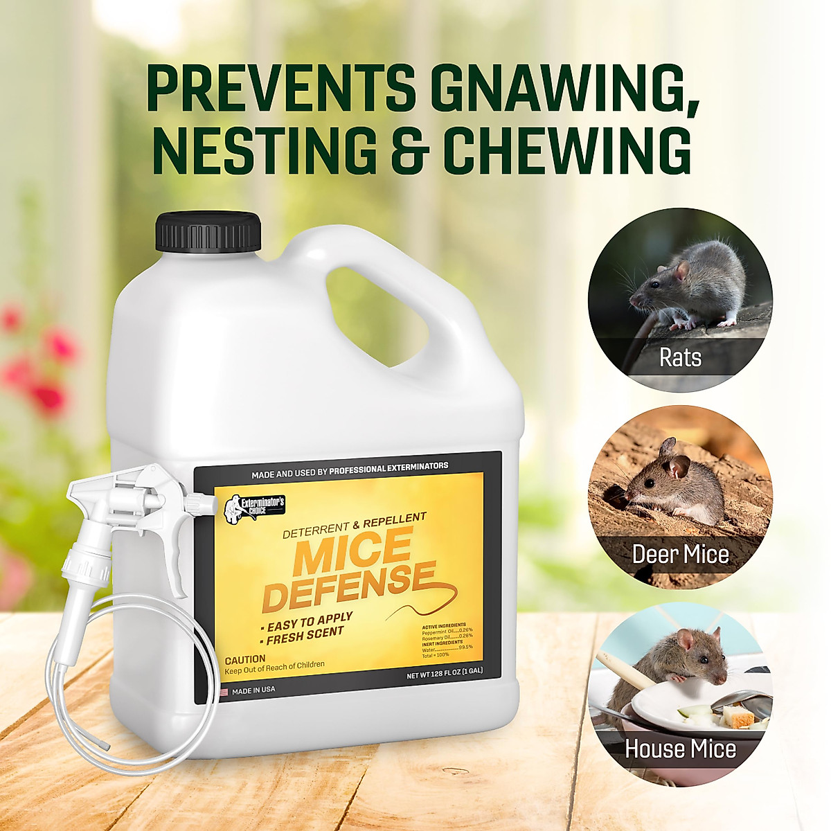 Exterminator’s Choice Mice Repellent Spray - 1 Gallon - Rodent Defense Spray for Lawns, Gardens, Attics, and Garages - Non-Toxic Deterrent - Repels Mice and Rats - Safe for Kids and Pets
