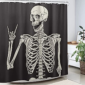 GETTOGET Rock and Roll Skull Skeleton Bone Love Music Shower Curtain Polyester Waterproof, Sugar Candy Skull Day of Dead On Black Backdrop Bath Room Shower Curtain with 12 Hooks
