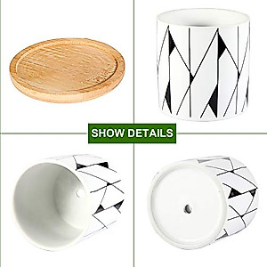 ZOUTOG Succulent Pots, 3 inch Ceramic Mini Succulent Planter Pot, Geometric Pattern Round Small Flower Pots with Drainage and Bamboo Tray, Pack of 6 - Plants Not Included