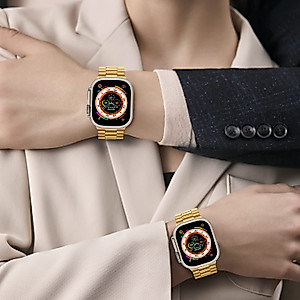 HITZEE Compatible with Apple Watch Ultra Band 49mm Business Stainless Steel Metal Strap Men Women Link Bands with Case Compatible for Apple Watch Ultra 2 Ultra, 49mm Gold