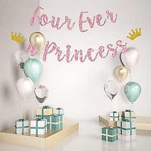 Talorine Four Ever A Princess Banner, Princess 4th Birthday Party Decorations, Princess Themed 4 Years Old Birthday Party Supplies,Pink Glitter