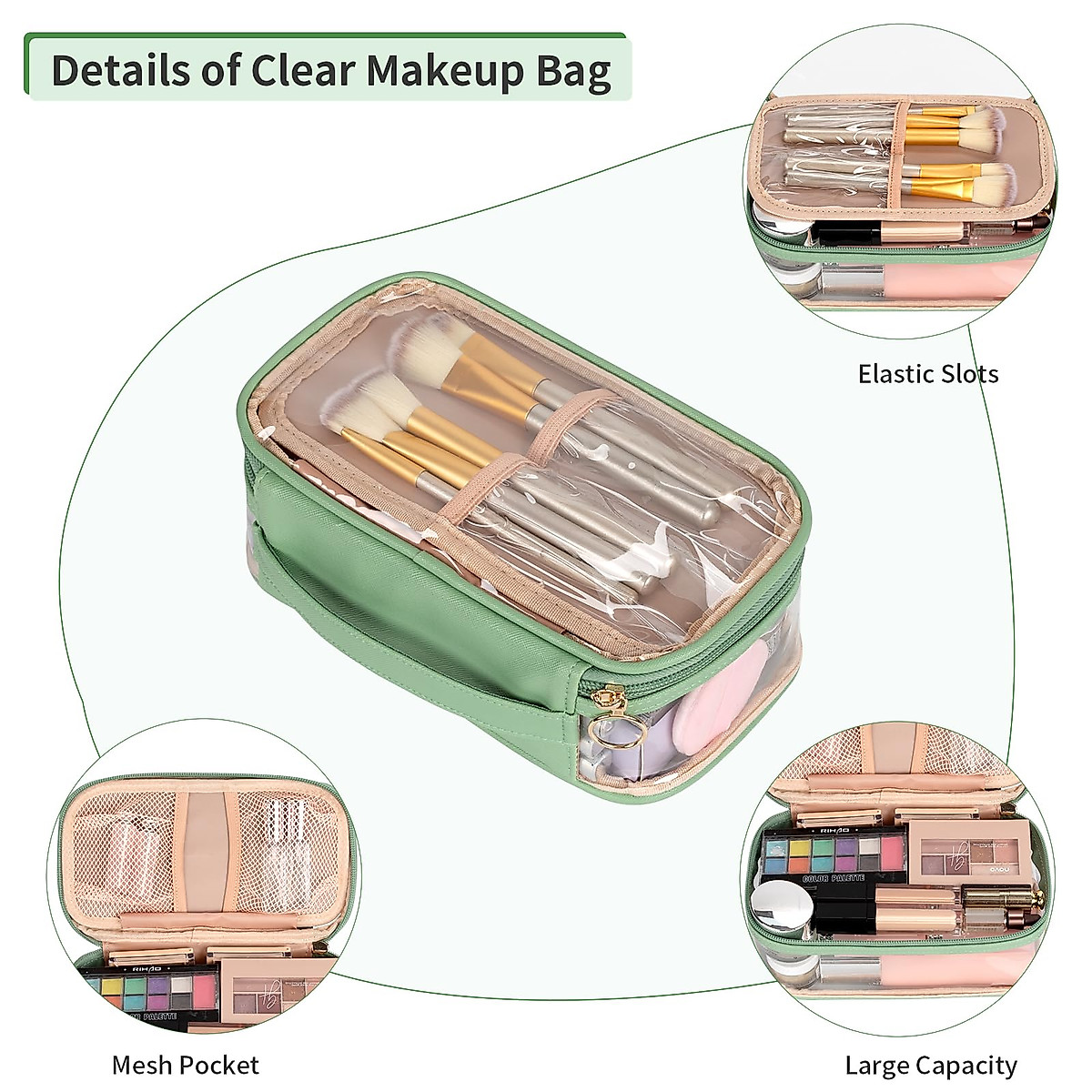 OCHEAL Clear Makeup Bag, Portable Makeup Storage Organizer Cosmetic Bag, Travel Makeup Bag Cute Clear Pouch For Women and Girls Cosmetics Bags with Divider Makeup Brush Compartment-Green