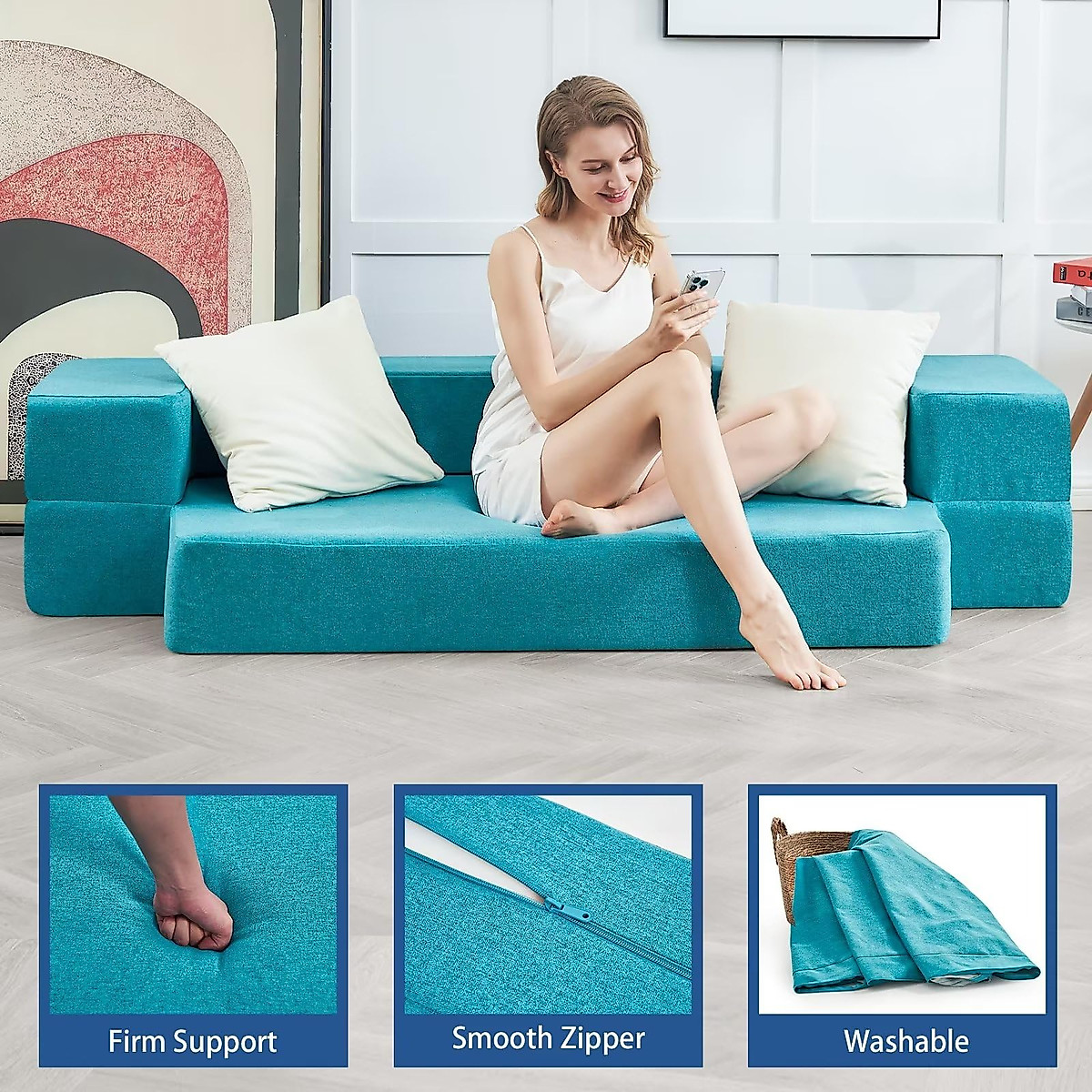 ILPEOD Floor Sofa Bed Futon Couch, Fold Out Couch Bed, Twin Size 8 Inch Memory Foam Folding Sofa Bed Couch, Sleeper Convertible Mattress and Frame for Bedrooms Living Room Gaming Bed, Blue