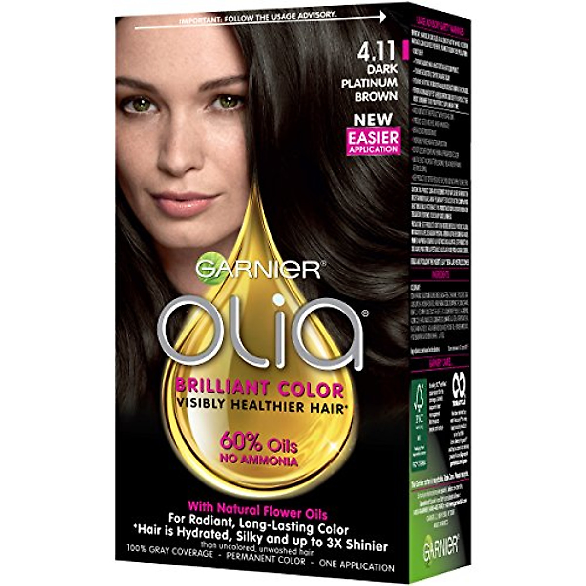 Garnier Olia Ammonia-Free Brilliant Color Oil-Rich Permanent Hair Color, 4.11 Dark Platinum Brown (Pack of 1) Brown Hair Dye (Packaging May Vary)