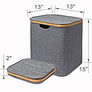 Square Foldable Bamboo Frame Laundry Hamper with Lid, Dirty Clothes Basket, Laundry Room Clothes Organizer 13"x13"x15"