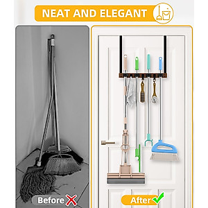Broom Holder Over The Door - Wood Mop and Broom Holder Wall Mounted or Hanging Over The Door with Hooks - Broom Hanger, Broom Storage Tool Organizer with 4 Racks and 3 Hooks for Garage Closet Laundry
