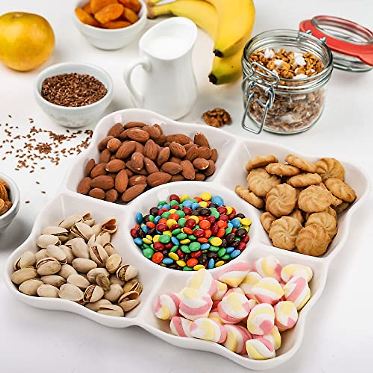 Okllen 3 Pack Porcelain Divided Serving Tray, White Appetizer Tray Platter for Chips and Dip, 5 Compartments Decorative Fruit Veggie Tray Candy Snacks Dishes, Square, 9.5" L x 9.5" W x 1" H