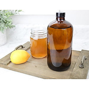 Cornucopia 32-Ounce Amber Kombucha Growler Bottles, 4-Pack, 1 Quart Boston Round Glass Bottles with 6 Polycone Phenolic Lids for Home Brewing