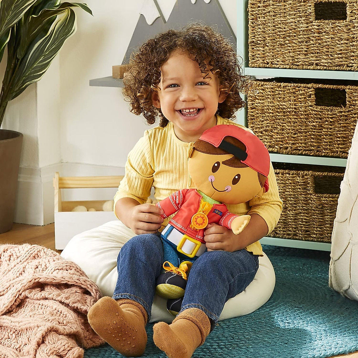 Playskool Dressy Kids Doll with Brown Hair and Hat, Activity Plush Toy with Zipper, Shoelace, Button, for Ages 2 and Up (Amazon Exclusive)