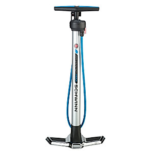 Schwinn Air Center Max Floor Bike Pump, Pressure Gauge, Pumps 100 Max PSI, Dual Head Fits Schrader and Presta Valve Types, Best for Wide Tires, Silver