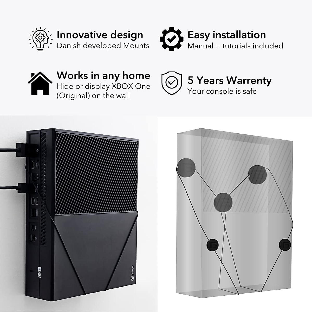 Xbox One Original Wall Mount Solution by FLOATING GRIP - Mounting Kit for Game Consoles - Effective Ventilation, Easy-to-Install System (Bundle: Fits Xbox One Original + 2X Controllers, Black)