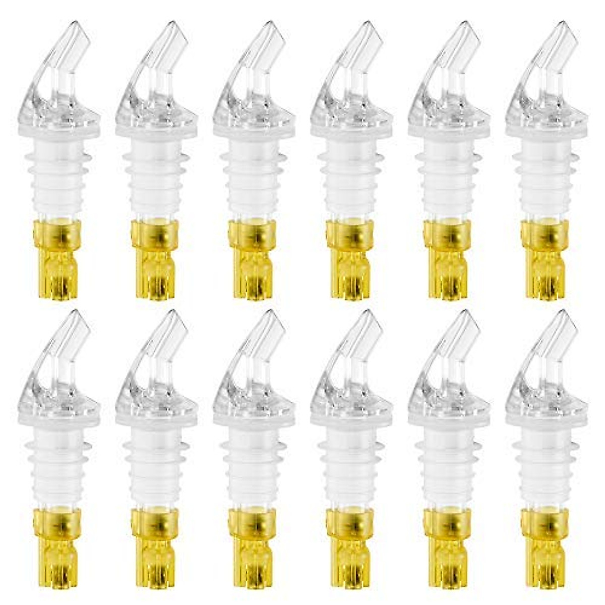 (Pack of 12) Measured Liquor Pourers, 1.5 oz, No Collar Clear Spout Bottle Pourer with Yellow Tail