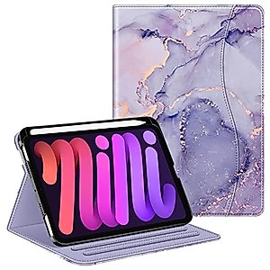 Fintie Folio Case for iPad Mini 6 2021, Multi-Angle Smart Stand Cover w/Pencil Holder & Pocket, Auto Sleep/Wake for iPad Mini 6th Generation 8.3 Inch, Lilac Marble