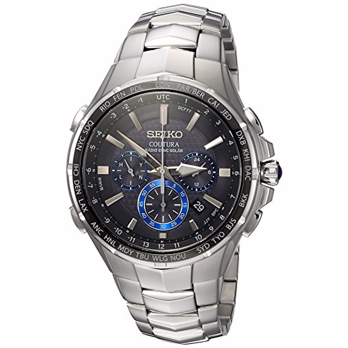 SEIKO SSG009 Watch for Men - Coutura Collection - Radio Sync Solar Chronograph, Stainless Steel Case & Bracelet, Black Dial with Lumibrite Hands & Markers, and Date Calendar